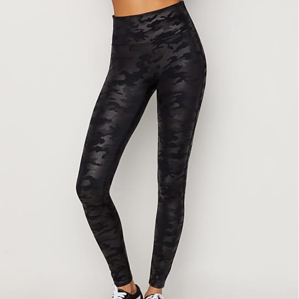 Spanx Faux Leather Leggings In Matte Black Camo - Gem